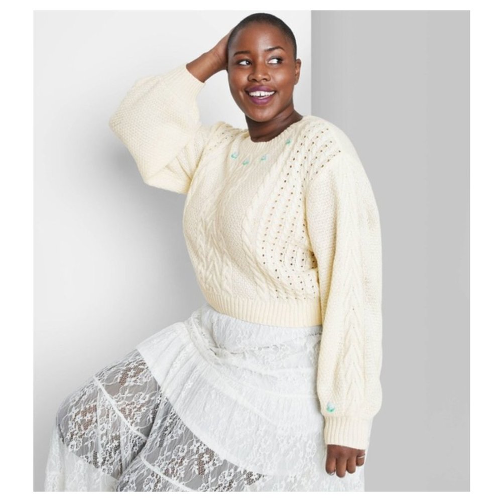 Wild Fable Cable Knit Embroidered Flower Crop Sweater - Gem